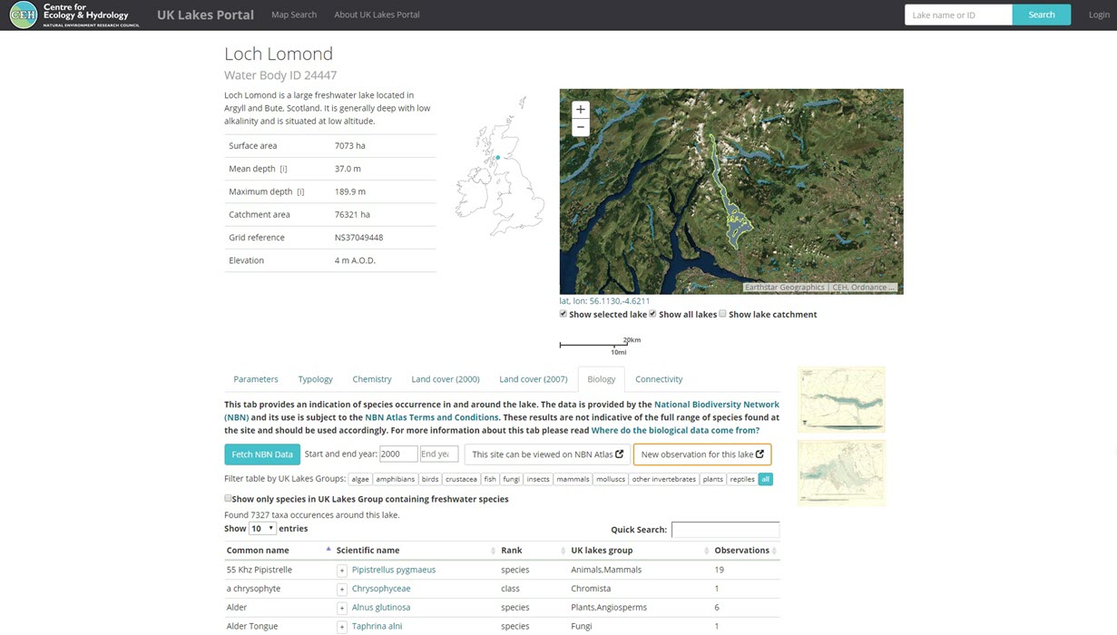 UK Lakes Portal - NBN Atlas records added - National Biodiversity Network
